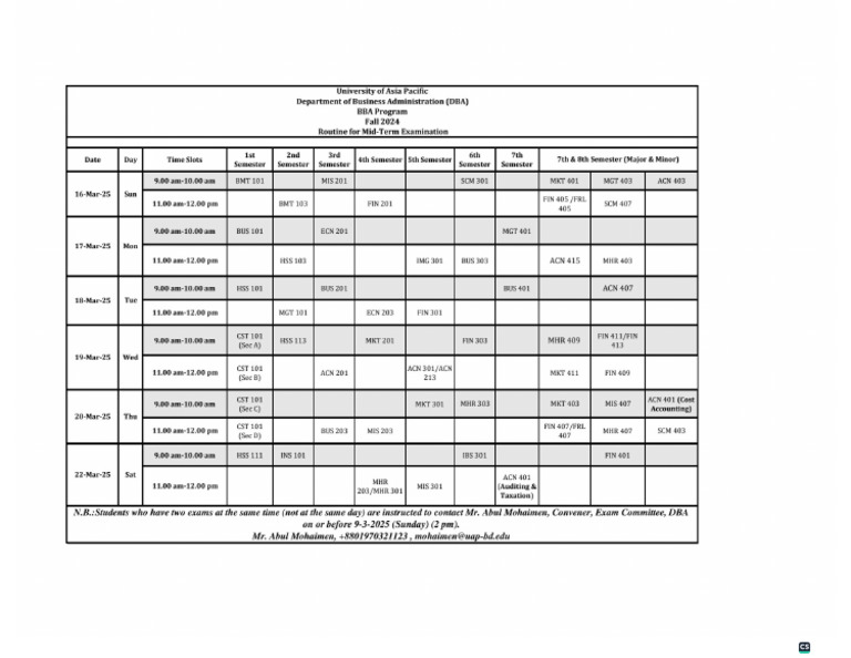 UAPMid Term Routine Fall 2024 (Revised) | PDF