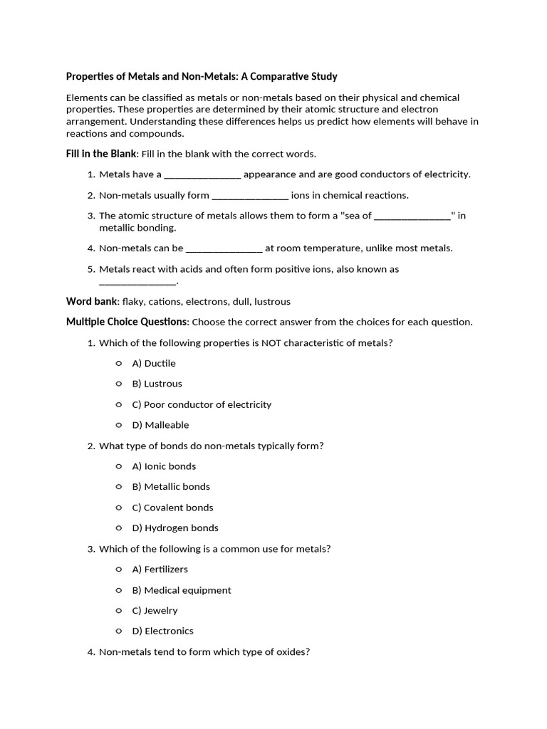 Metals vs Non-Metals: Key Properties Explained | PDF | Chemical Bond | Ion