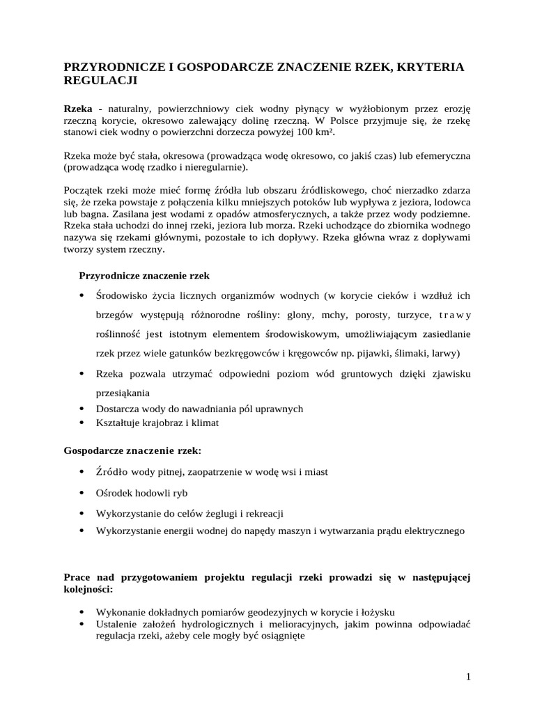 Przyrodnicze I Gospodarcze Znaczenie Rzek, Kryteria Regulacji | PDF