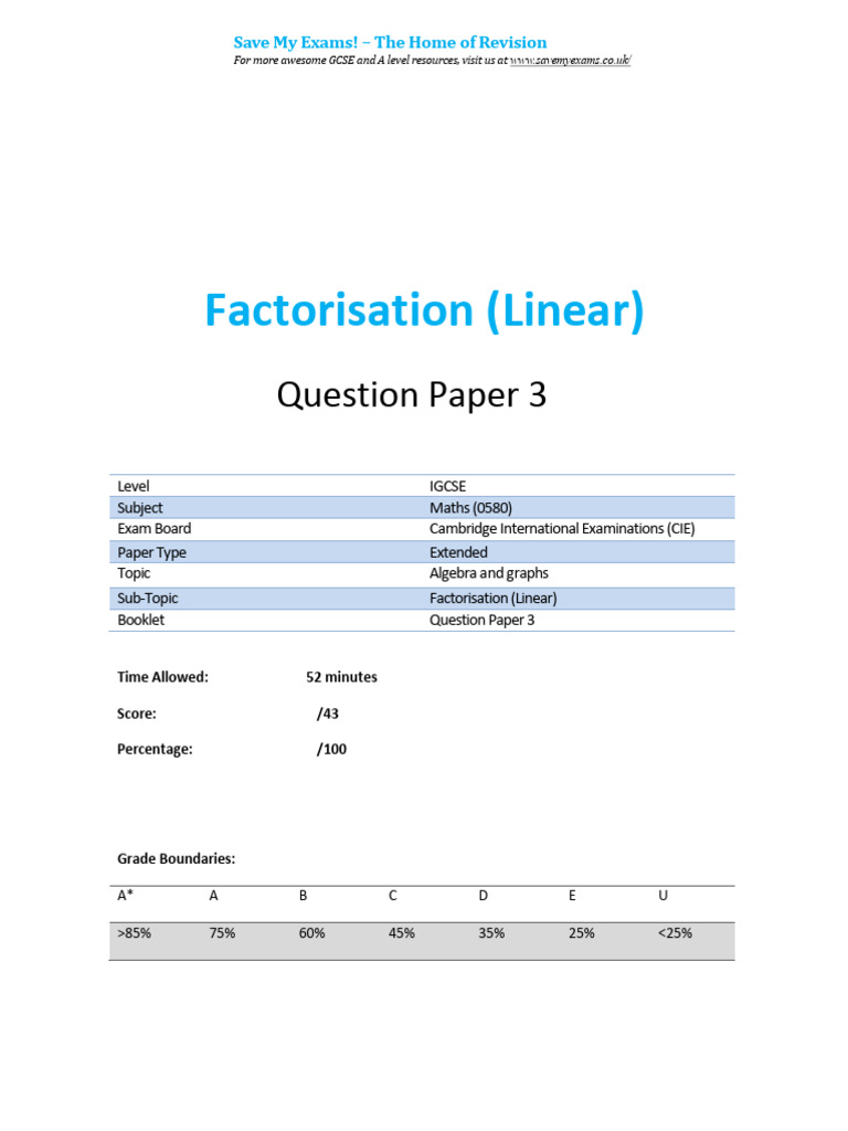 22.3 Factorisation Linear - Cie Igcse Maths 0580-Ext Theory-Qp | PDF ...
