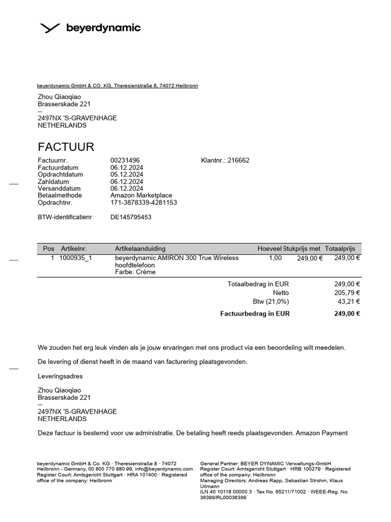 Factuur: BTW-identificatienr DE145795453 | PDF