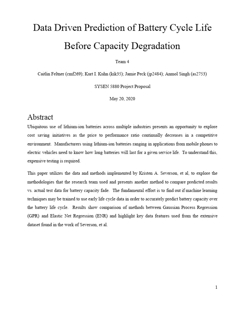 Data Driven Prediction of Battery Cycle Life Befor | PDF | Mean Squared ...