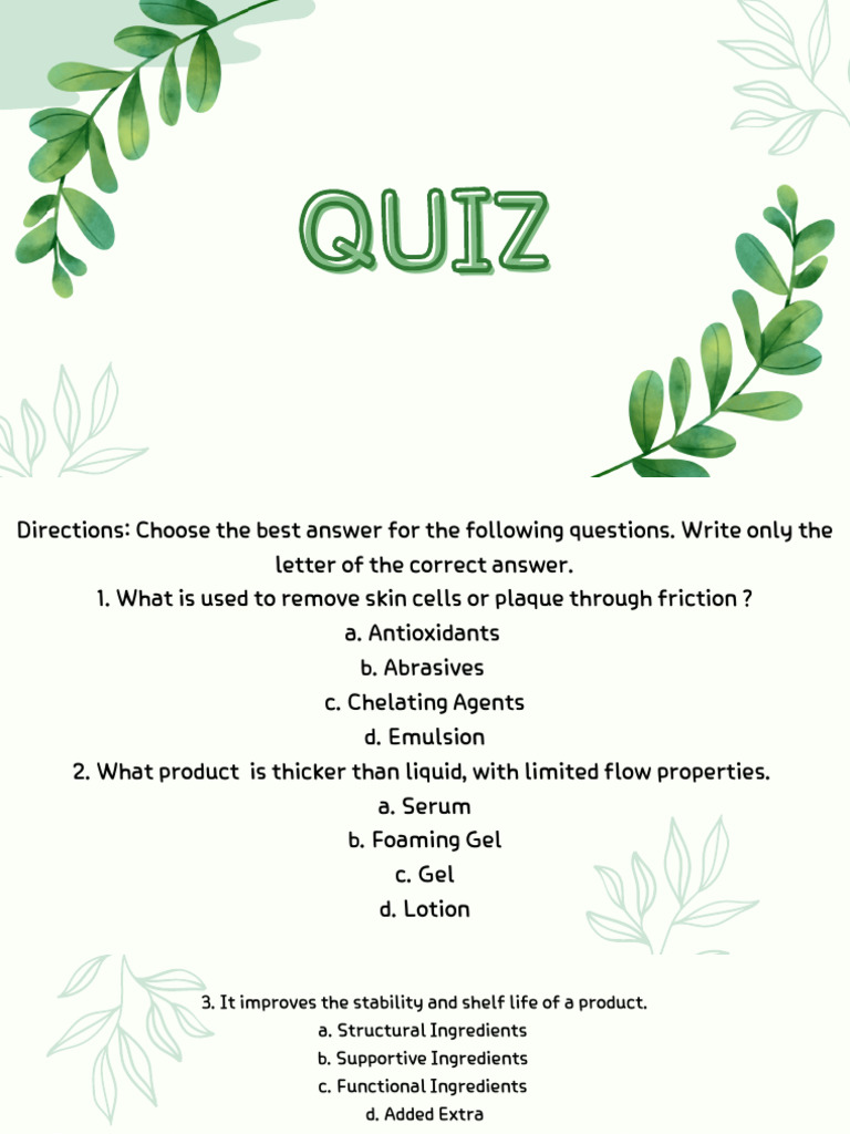 Emulsion and Cosmetic Quiz | PDF | Cosmetics | Emulsion