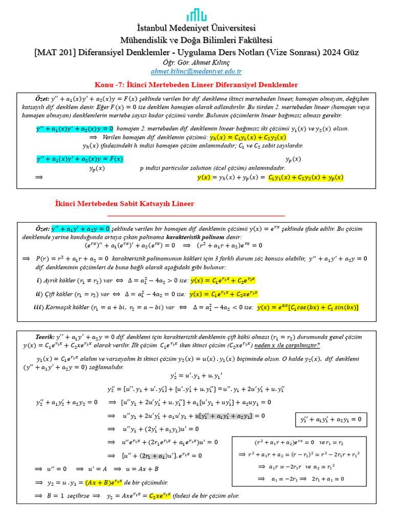 Mat201_Uyg.Ders Notları_Vize Sonrası_2024 Güz | PDF