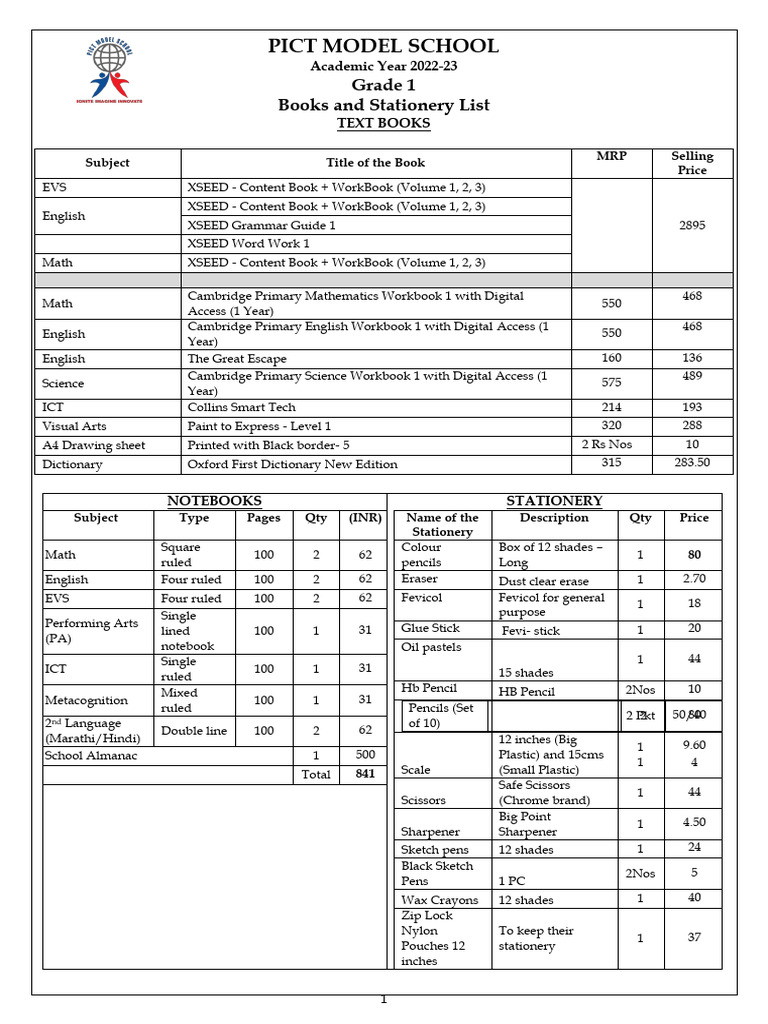 Grade 1 Book and Stationery List 2022-23 | PDF