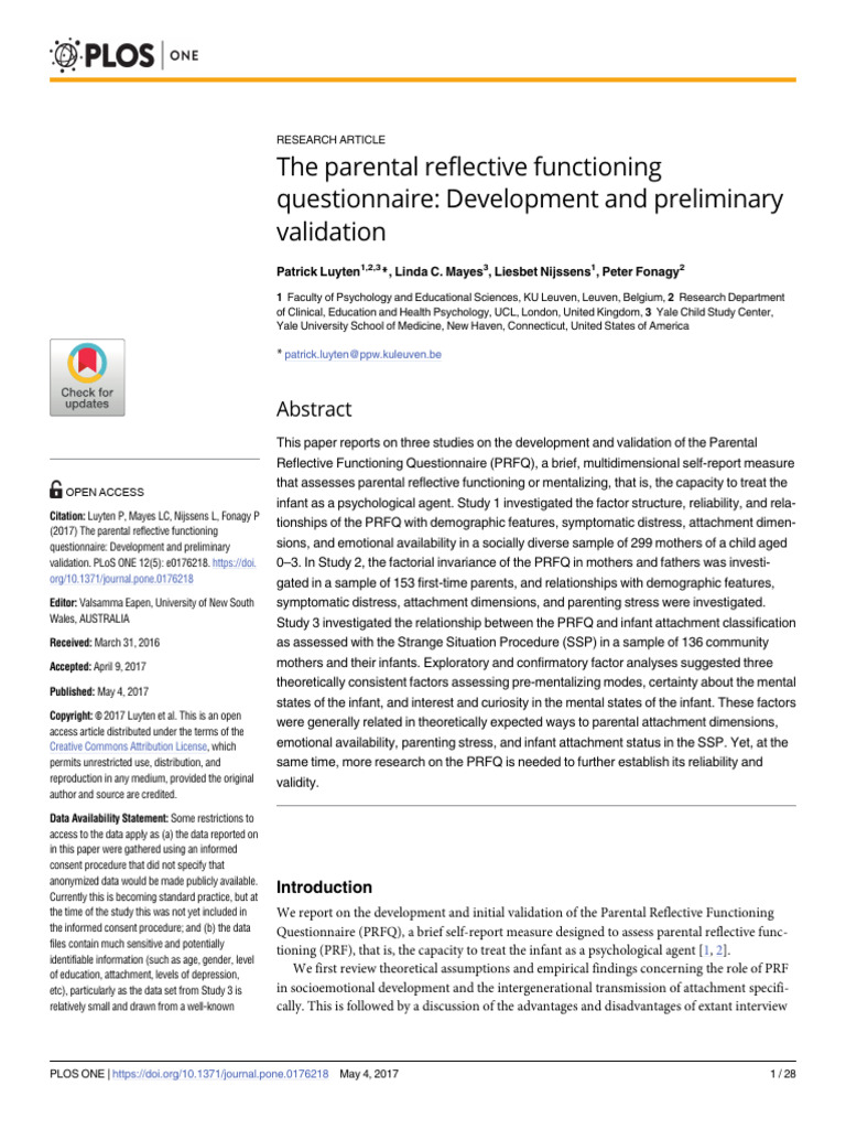 The Parental Reflective Functioning Questionnaire-Development and ...