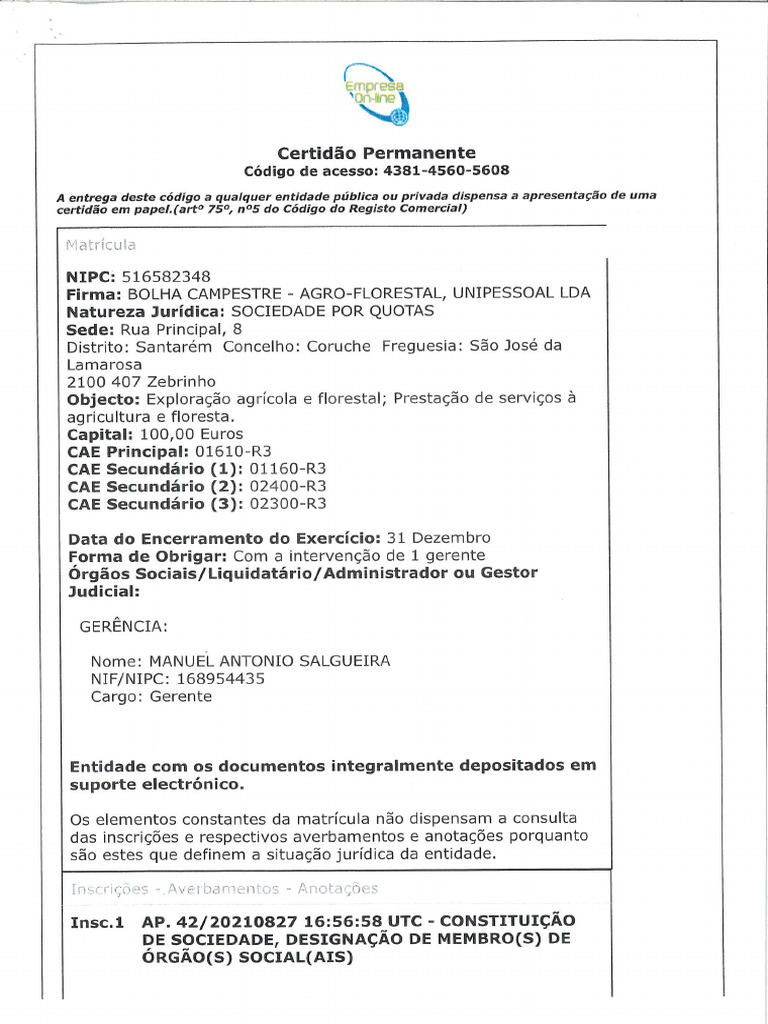 Certidão Permanente Da Empresa | PDF