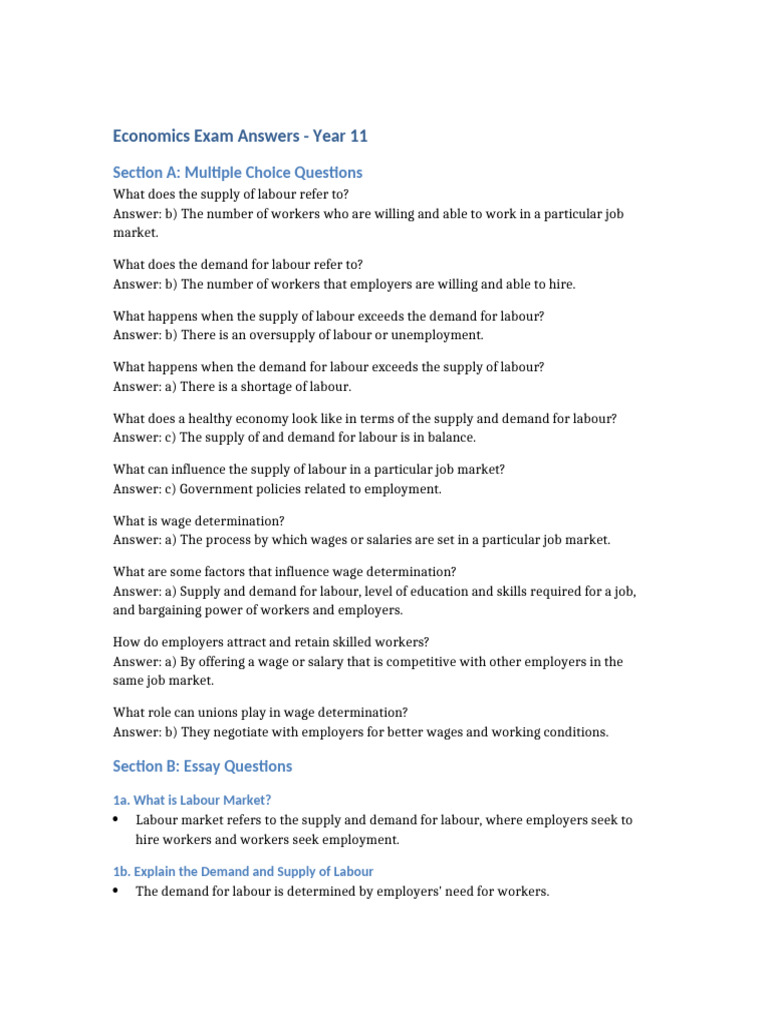 Economics_Year_11_Exam_Answers (2) | PDF | Labour Economics | Unemployment