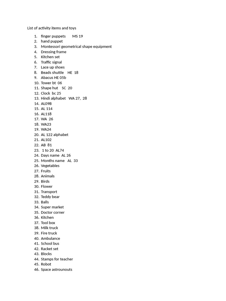 List of Activity Items and Toys | PDF