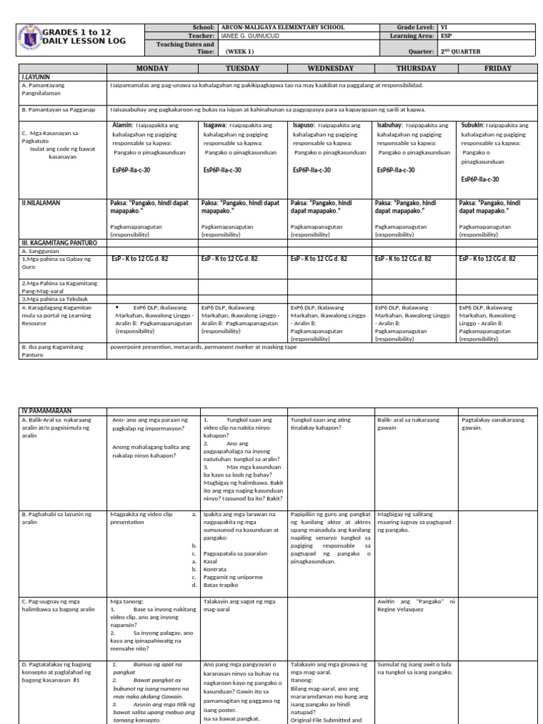 DLL Quarter 2 Week 1 ESP 6 | PDF