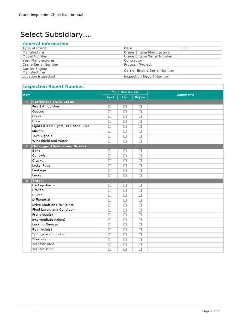 RSG-HS-FRM-0030 - Crane Inspection Checklist - Annual | PDF | Crane ...