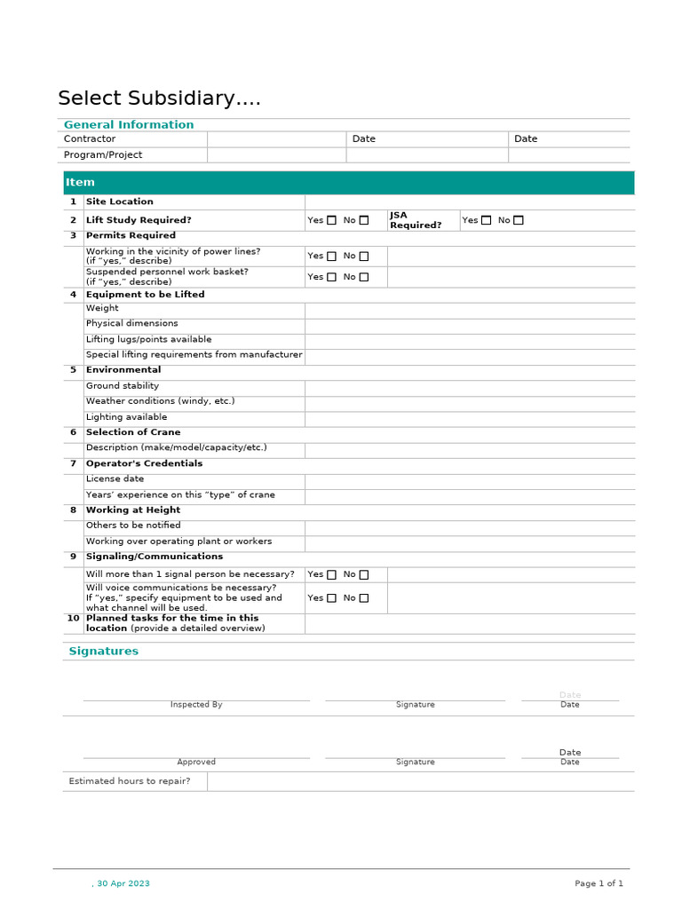 RSG-HS-FRM-0032 - Inspection Report - Crane Work Area | PDF