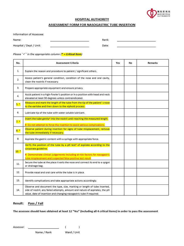 Nursing Assessment Form (Nasogastric Tube Insertion) Revised | PDF ...