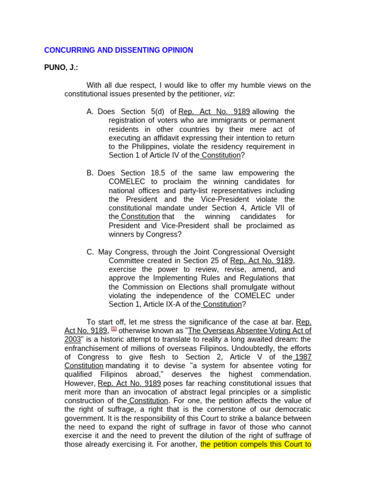 Macalintal case - Concurring and Dissenting Opinion of Puno, K | PDF ...