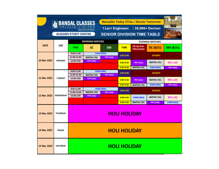 BCPL Aligarh _ Class Schedule _ Senior Division - 10 MAR to 15 MAR 2025 ...