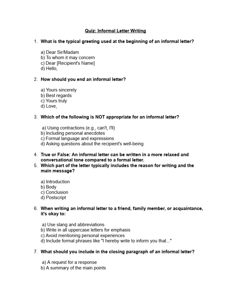 Informal Letter Writing Quiz | PDF