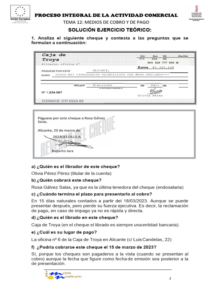 Solución de Ejercicios | PDF | Cheque