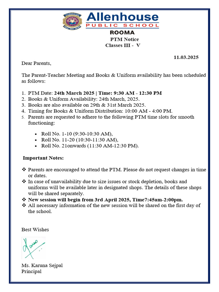 PTM Notice for Parents - March 2025 | PDF