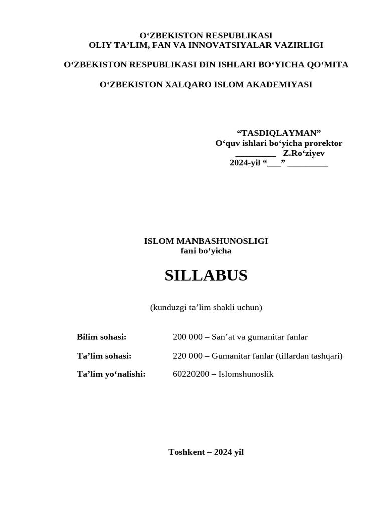 Sillabus Islom Manbashunosligi | PDF