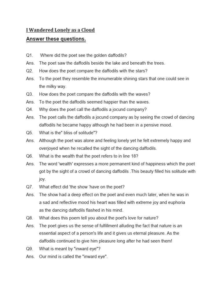 Questions on "I Wandered Lonely as a Cloud" | PDF