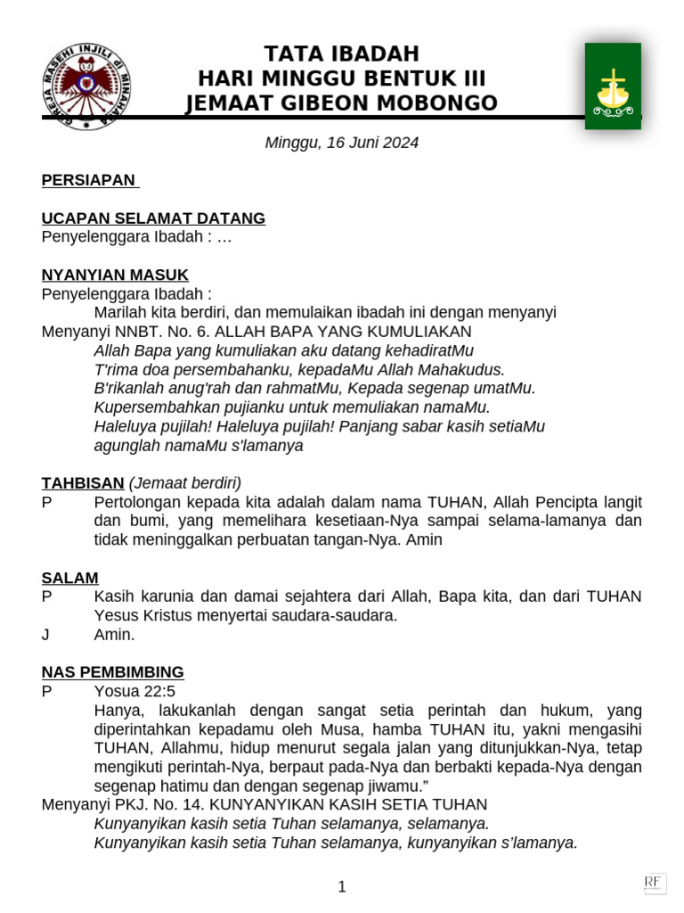 Ibadah Minggu Gibeon Mobongo 16 Juni | PDF