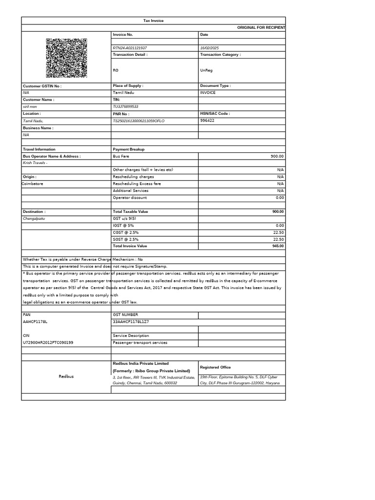 Tax Invoice for Bus Travel Services | PDF | Public Finance | Taxation