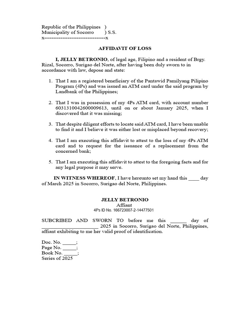 Affidavit of Loss ATM 4ps | PDF