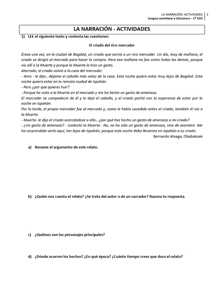 Actividades de Narración para 1º ESO | PDF | Narración | Prometeo