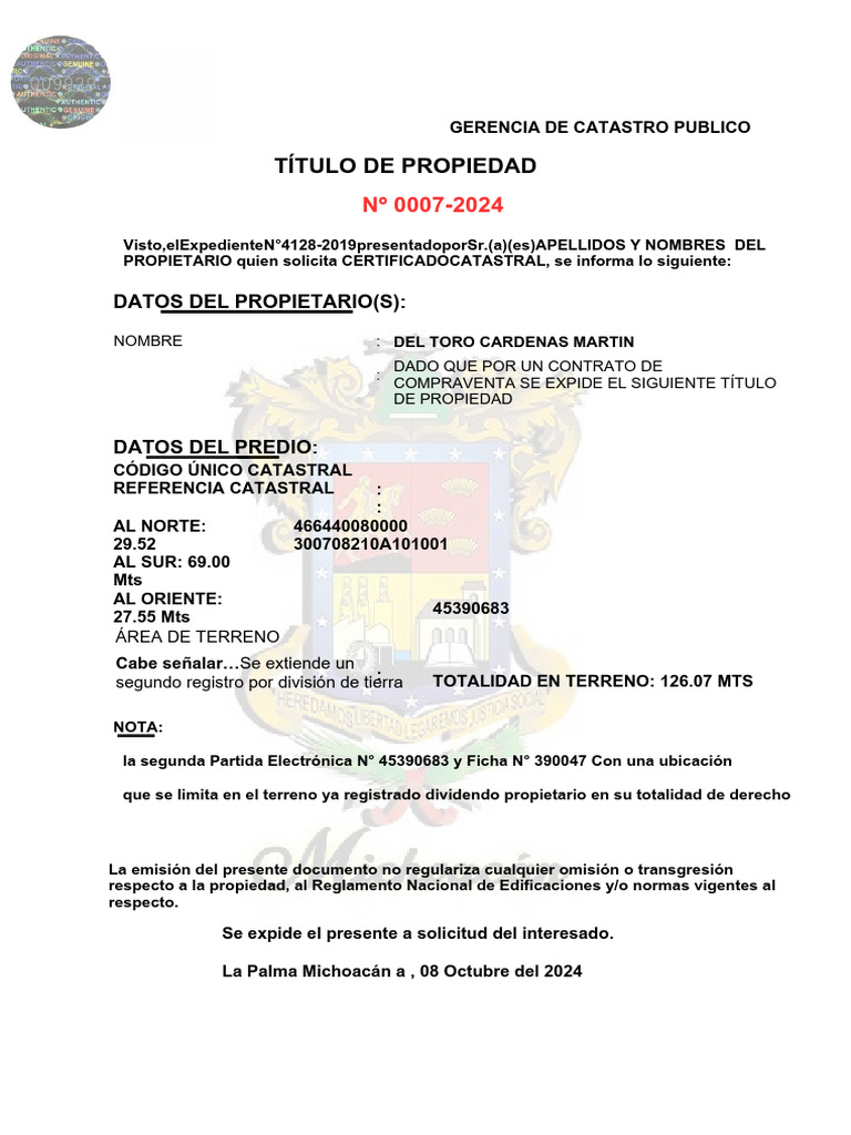 Certificado Catastral Juan I. Arce PDF | PDF