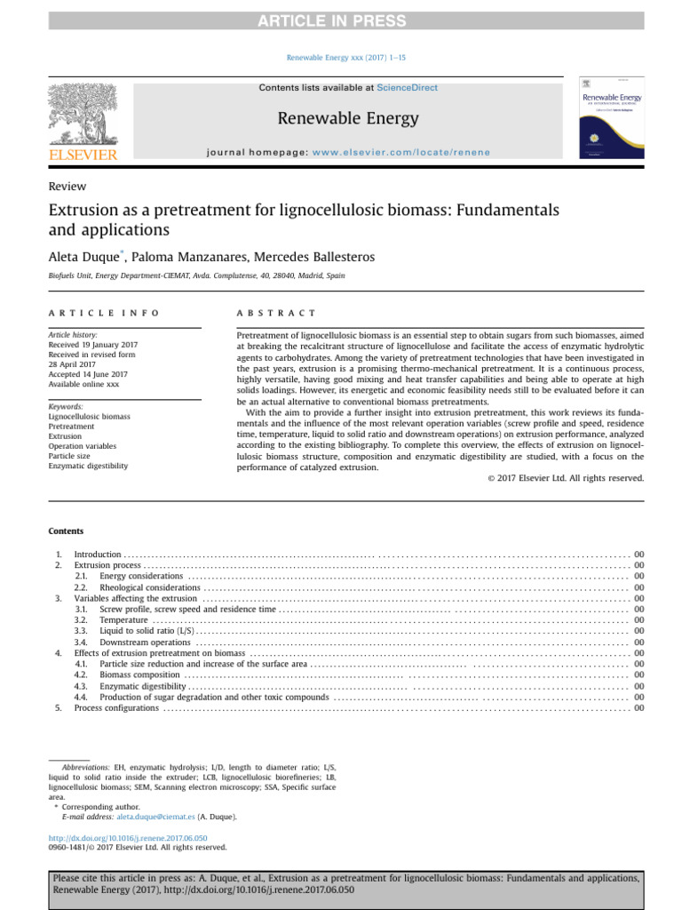 Extrusion Pretreatment of Biomass | PDF | Chemistry