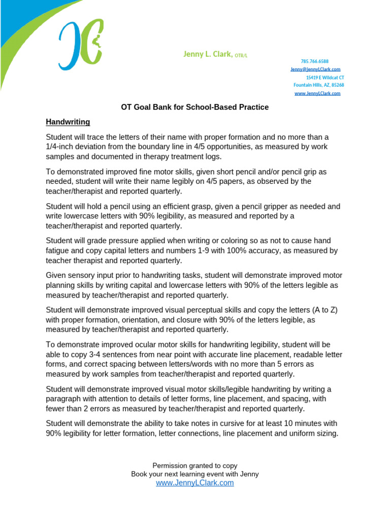 Handwriting Goal Bank For School Based OT | PDF | Mental Processes ...