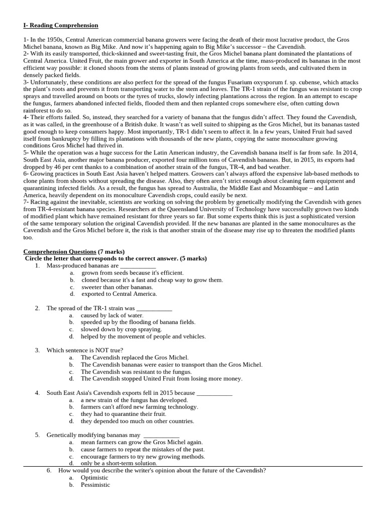 Reading Comprehension Final Exam | PDF | Banana | Brown V. Board Of Education