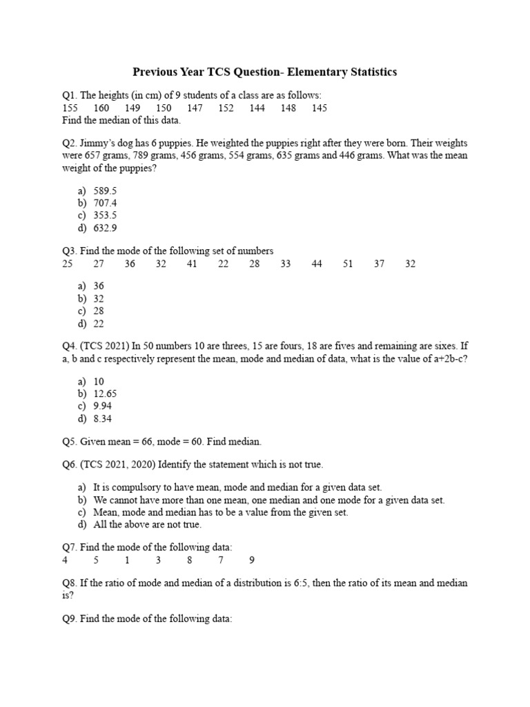 Previous Year TCS Question Elementary Statistics | PDF | Mean | Mathematical Analysis