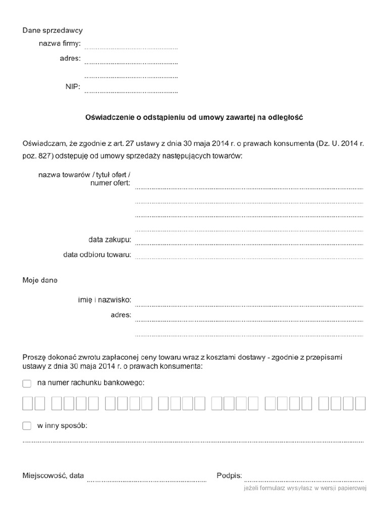 Formularz Odstąpienia Od Umowy | PDF