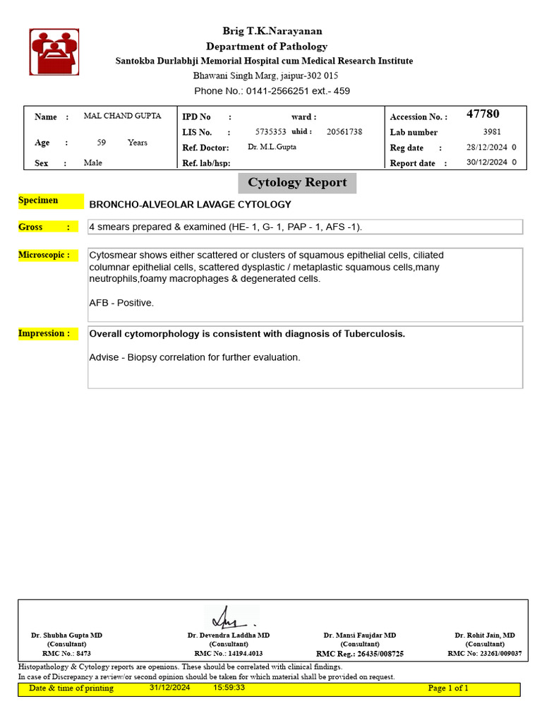 Broncho-Alveolar Lavage Cytology Report | PDF | Cytopathology ...