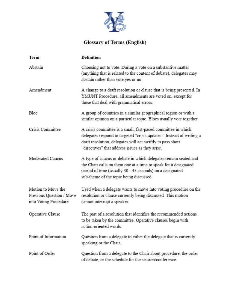 YMUNT Terms Glossary for Delegates | PDF | Committee | Political Law
