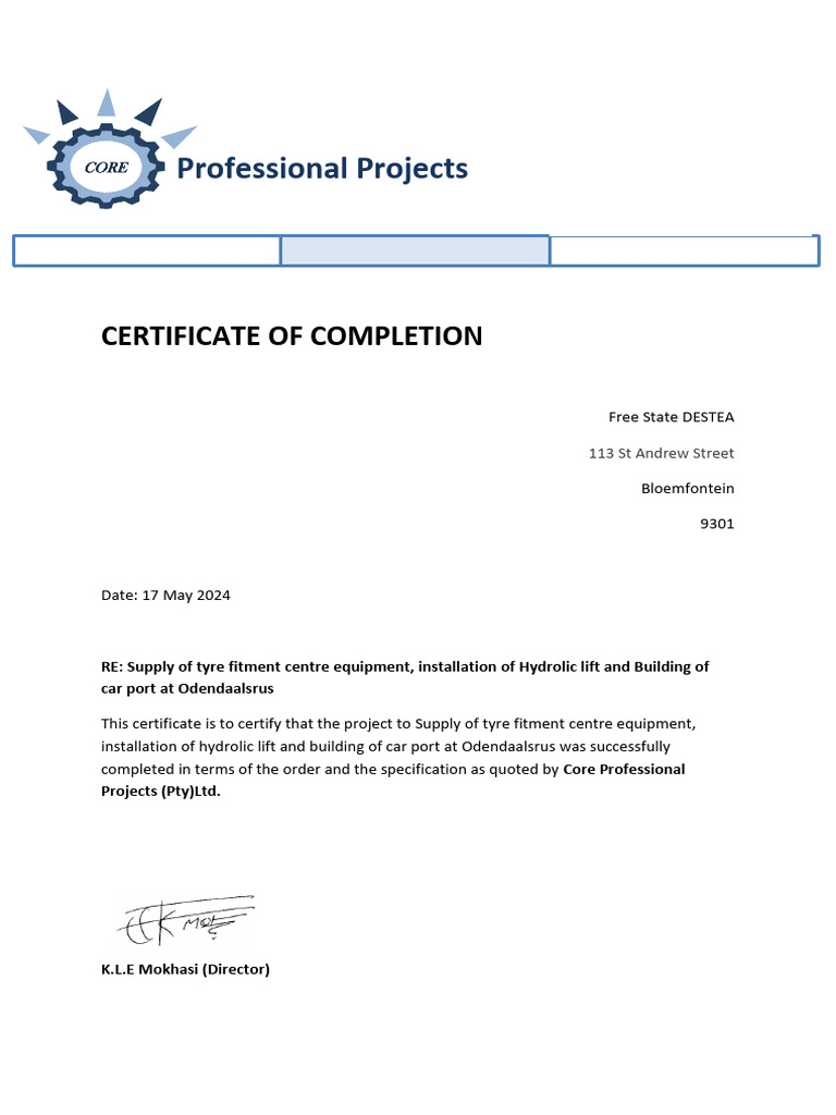 Completion Certificate - Tyre Fitment Center | PDF