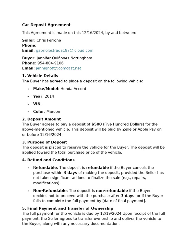 Car Deposit Agreement for Honda Accord | PDF