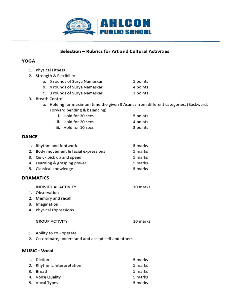 Art and Culture Activity Rubrics | PDF | Asana | Yoga