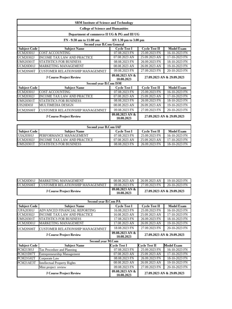 Exam Time Table For Odd Semester - 2022-23 | PDF | Business | Economies