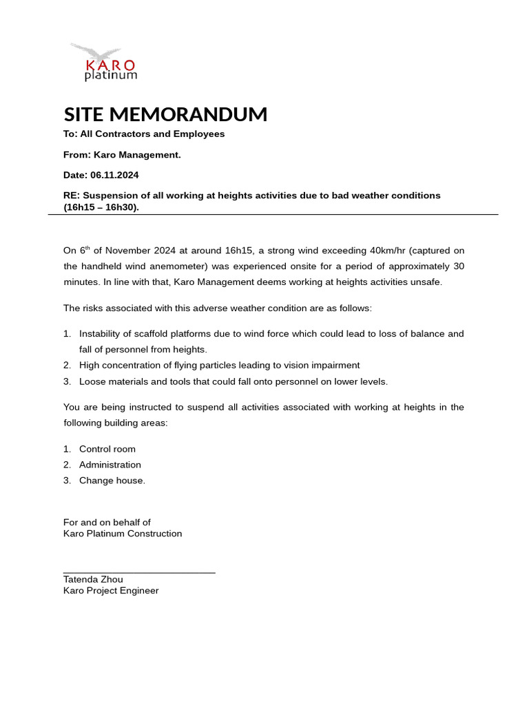 Managerial Instruction - Suspension of Working at Heights Activities | PDF