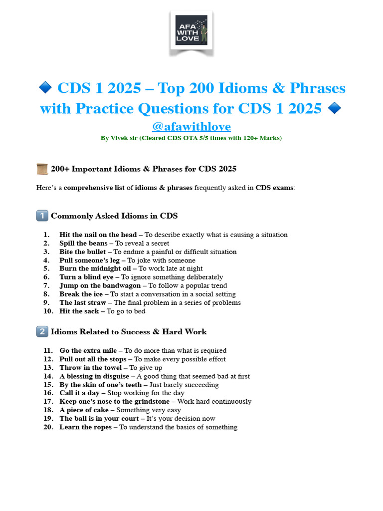 200+ Important Idioms & Phrases For CDS 2025 | PDF | Multiple Choice