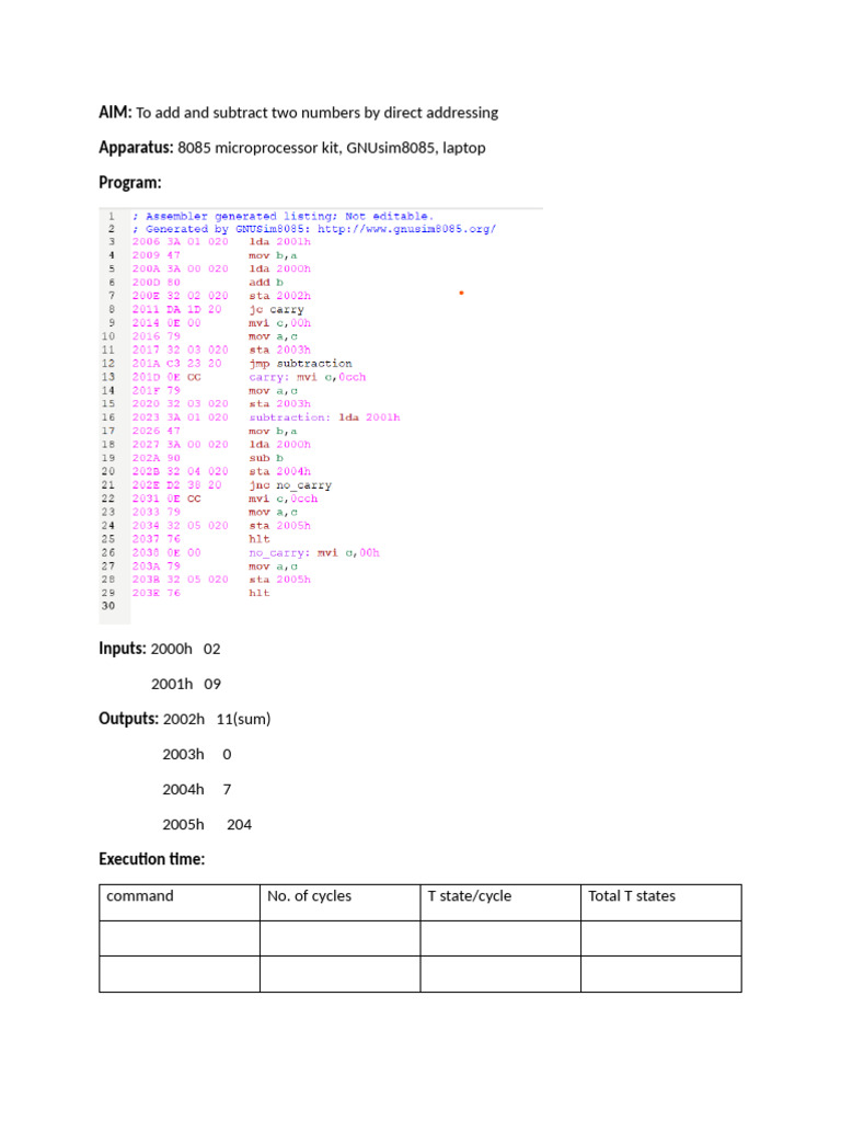 add and sub using direct addressing | PDF