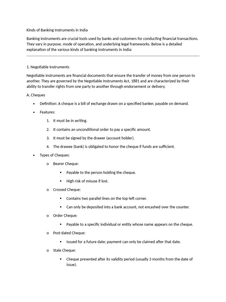 Kinds of Banking Instruments in India | PDF | Banks | Negotiable Instrument
