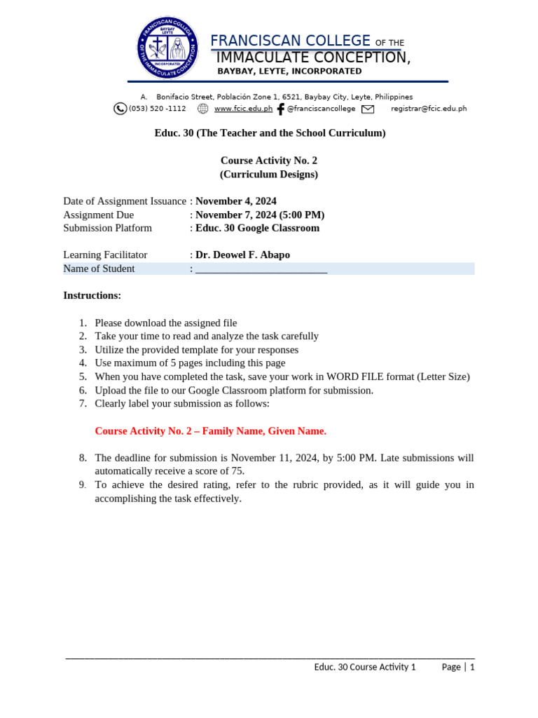 Leonil Nayre - Educ. 30 - Course Activity 2 | PDF | Curriculum | Learning