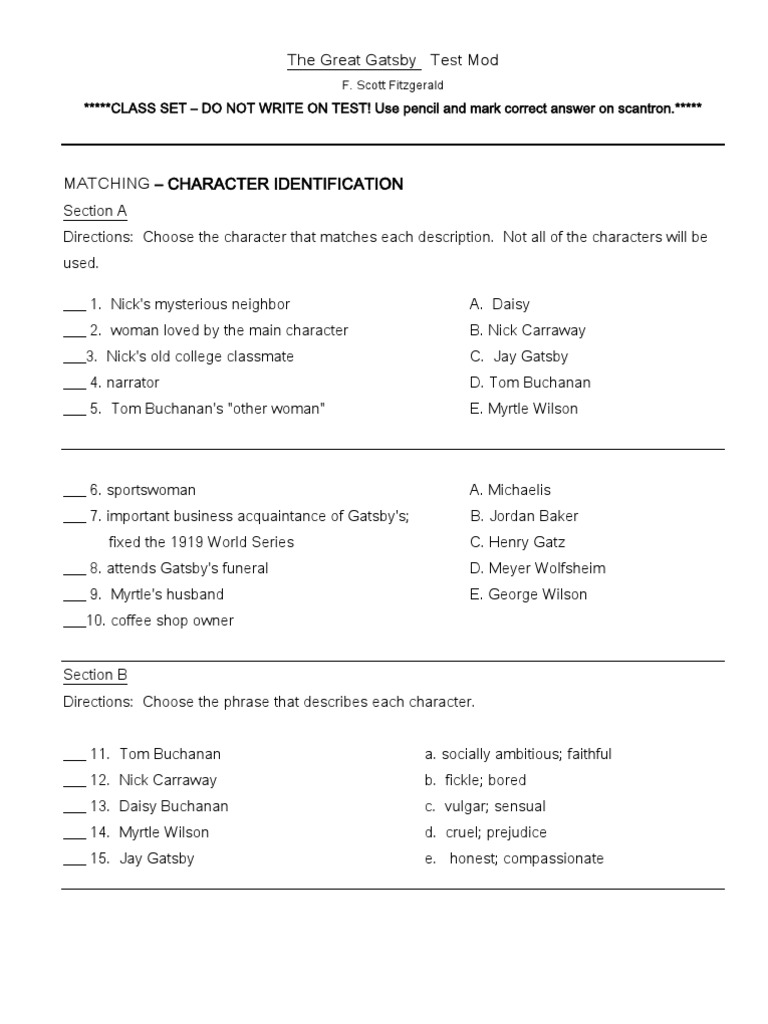 Great Gatsby Character Test Review | PDF | The Great Gatsby | Unrest