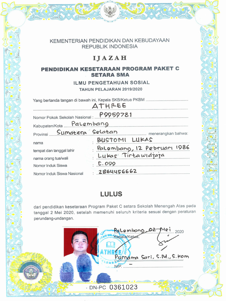 Ijazah SMA Bustomi Lukas | PDF