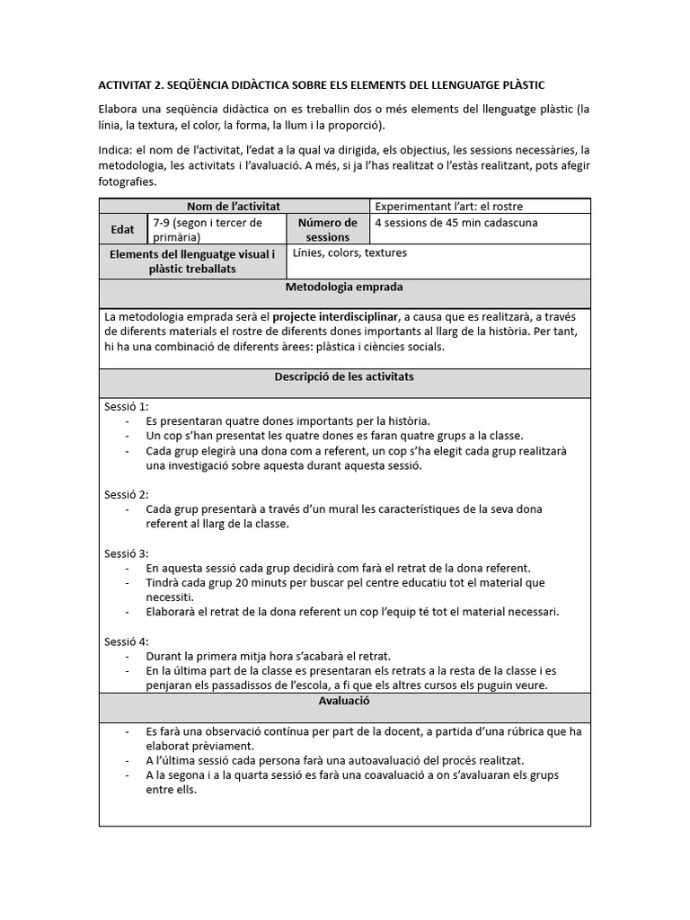Activitat 2. Seqüència Didàctica sobre els elements del llenguatge plàstic.docx | PDF