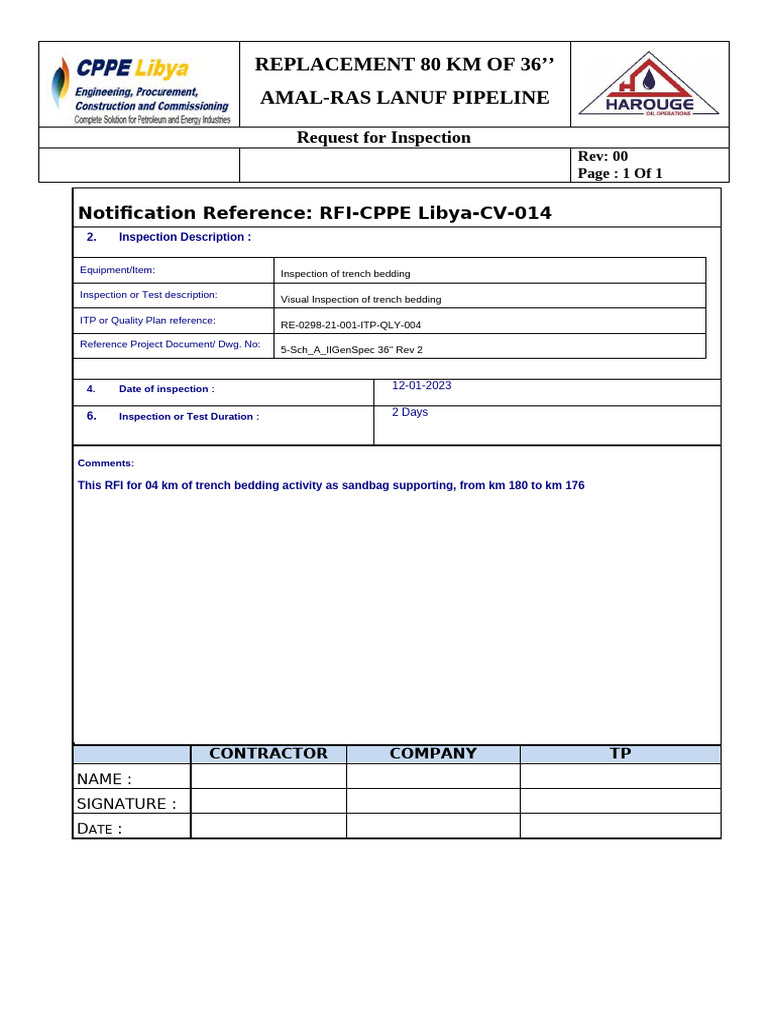 Inspection Request for 36'' Pipeline Trench | PDF