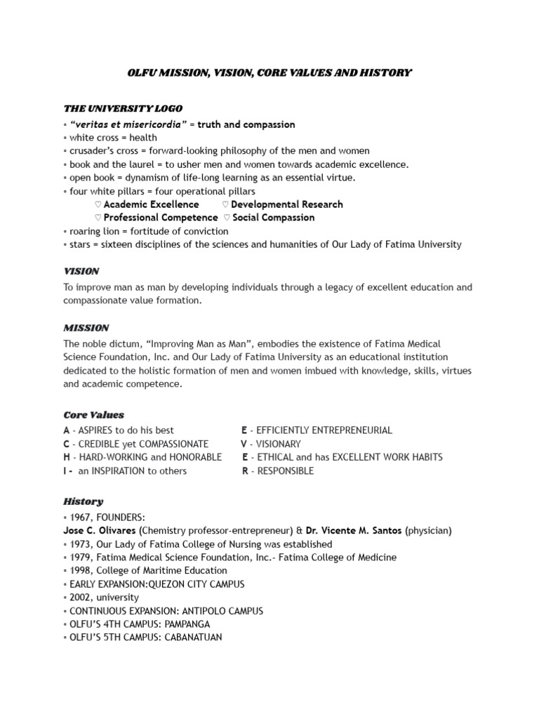 Olfu Mission Vision Core Values and History | PDF